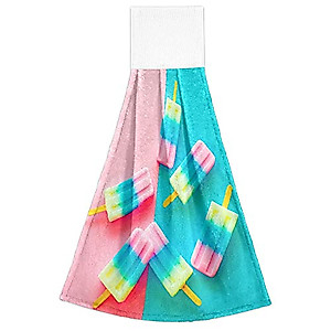 YYZZH Fruit Popsicle Ice Cream Stick On Pastel Color Blue and Pink Soda Strawberry Lemon Popsicle Kitchen Hand Towels with Hook & Loop Set of 2 Absorbent Bath Hand Towel Hanging Tie Towel