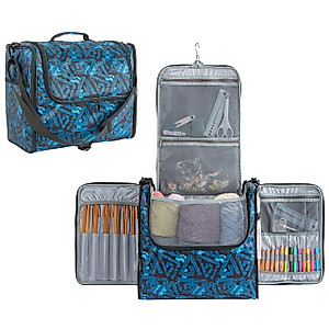 PACMAXI Yarn Storage Knitting Bag-High Capacity Portable Yarn Tote Storage Organizer with Shoulder Strap and Hook for Cotton Yarns, Crochet Hooks, Knitting Needles(Up to 10 Inch) (Blue（Large）)