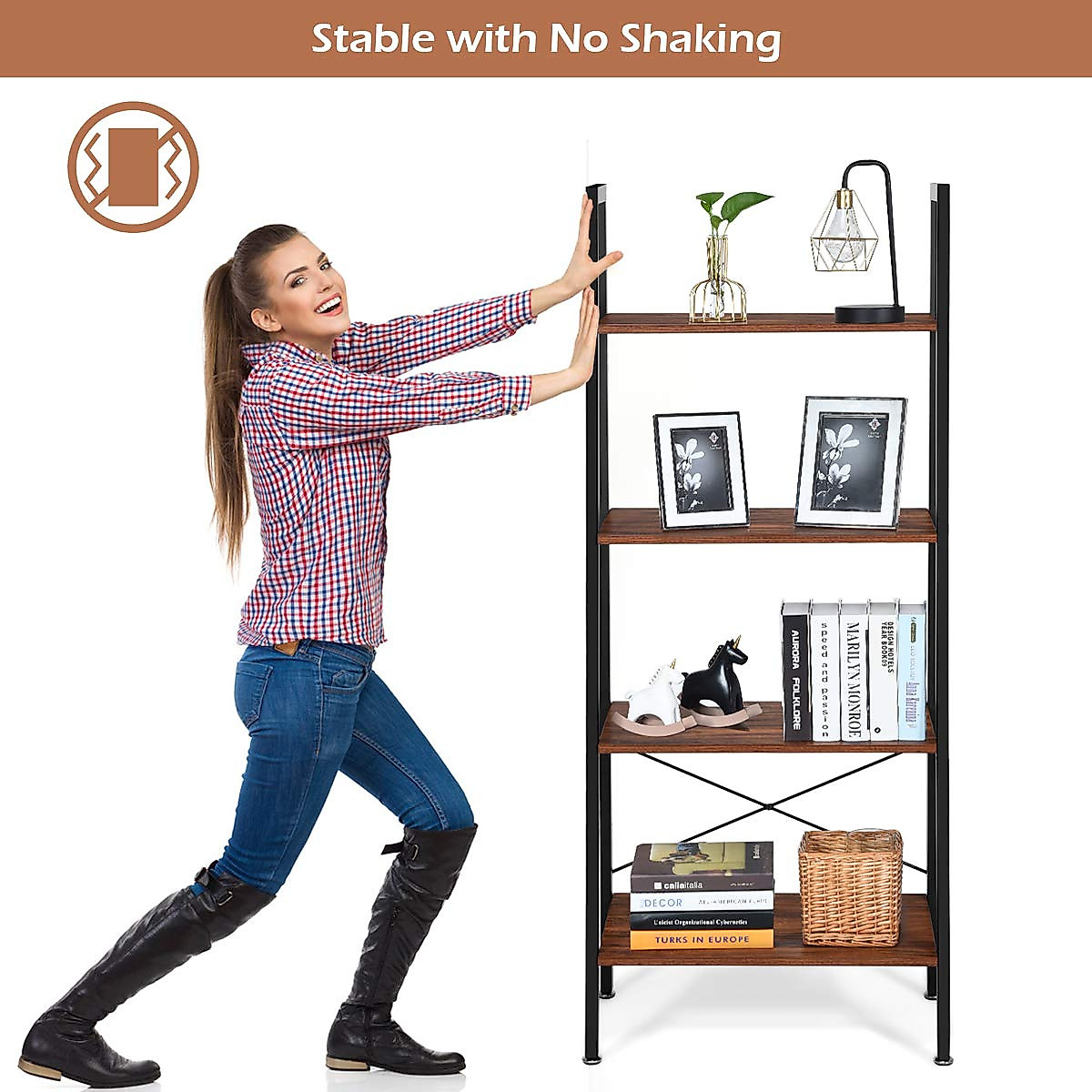 Giantex Ladder Shelf 4-Tier Industrial Bookshelf Storage Rack Shelves for Home and Office Use, Wood Display Rack with Metal Frame (Rustic Brown)