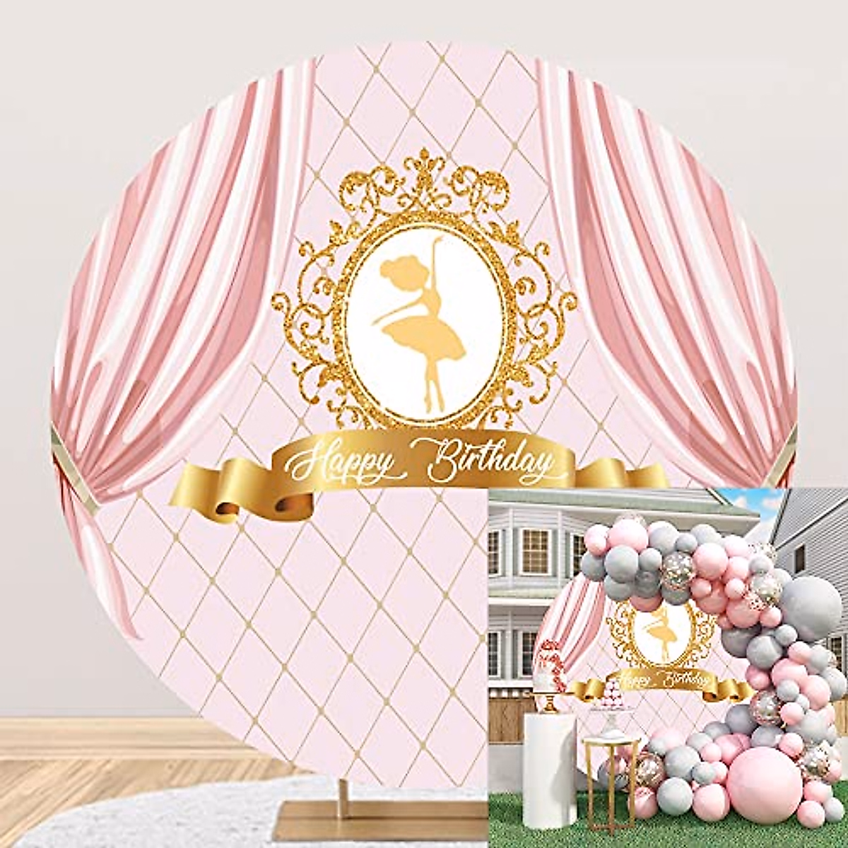 Leyiyi 6.5x6.5ft Ballerina Happy Birthday Round Backdrop Pink and Gold Ballet Girl Curtain Princess 1st Birthday Party Decor Banner Tutu Ballerina Birthday Party Baby Shower Cake Table Supplies