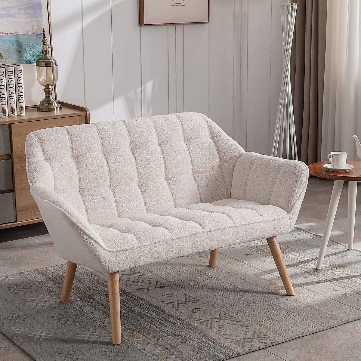 QUINJAY 48'' Small Loveseat Sofa, Modern Sherpa Mini Sofa Couch 2-Seater Fluffy Love Seat with Quilting Backs and Wood Legs for Living Room, Bedroom and Small Space, White, White; Fluffy