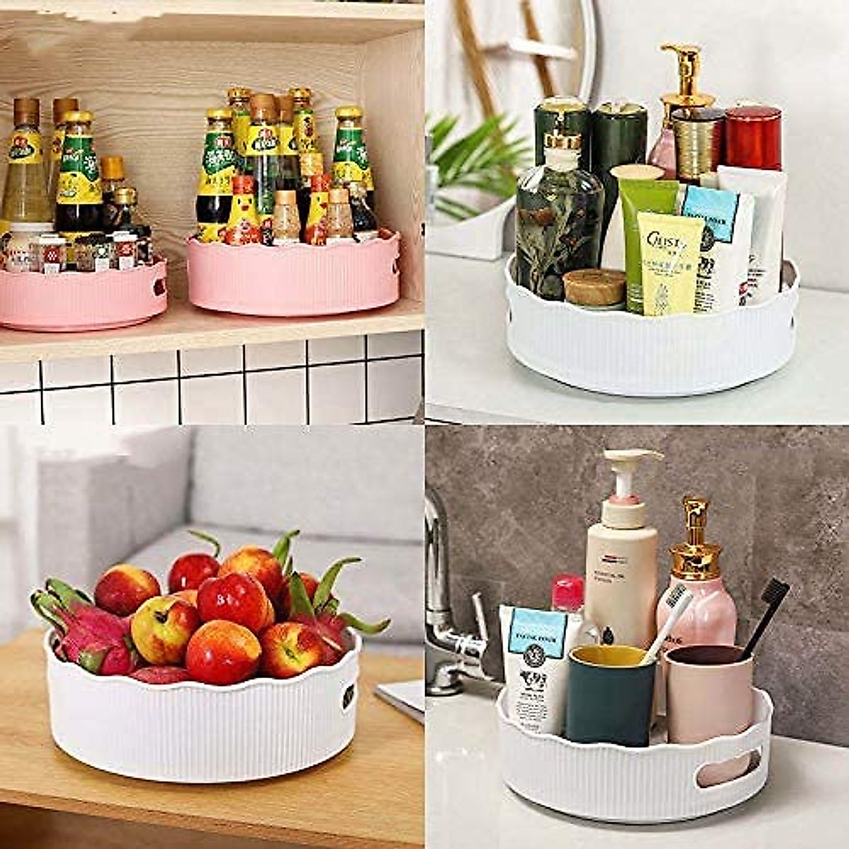 Wake INFIN Lazy Susan Turntable Cabinet Organizer 2 Pack Dual Size 12" and 9" Non-Skid Pad with Bin and Handles Rotating Spice Rack Storage for Kitchen