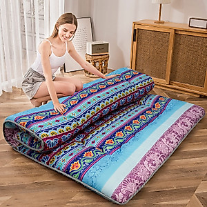 MAXYOYO Bohemian Floor Mattress Futon Mattress Vintage Floral Japanese Futon Mattress Roll Up Tatami Floor Mat Foldable Bed Portable Camping Mattress Sleeping Pad Floor Lounger Bed Full Size