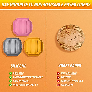 3 Pcs Air Fryer Silicone Liners, Air Fryer Basket 8 inch Square Heat Resistant Reusable Air fryers Silicone Pot for 4 to 7 QT Air Fryer Oven Microwave (Gray+Pink+Yellow)