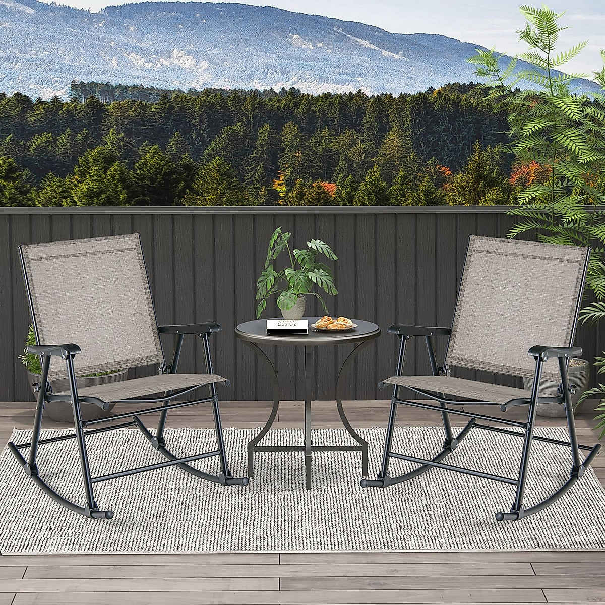 Tangkula Folding Rocking Chair Set of 2, Patio Rockers with Breathable Seat Fabric & Sturdy Metal Frame, Smooth Rocking Motion, Heavy-Duty Outdoor Rocker for Backyard, Front Porch, Poolside
