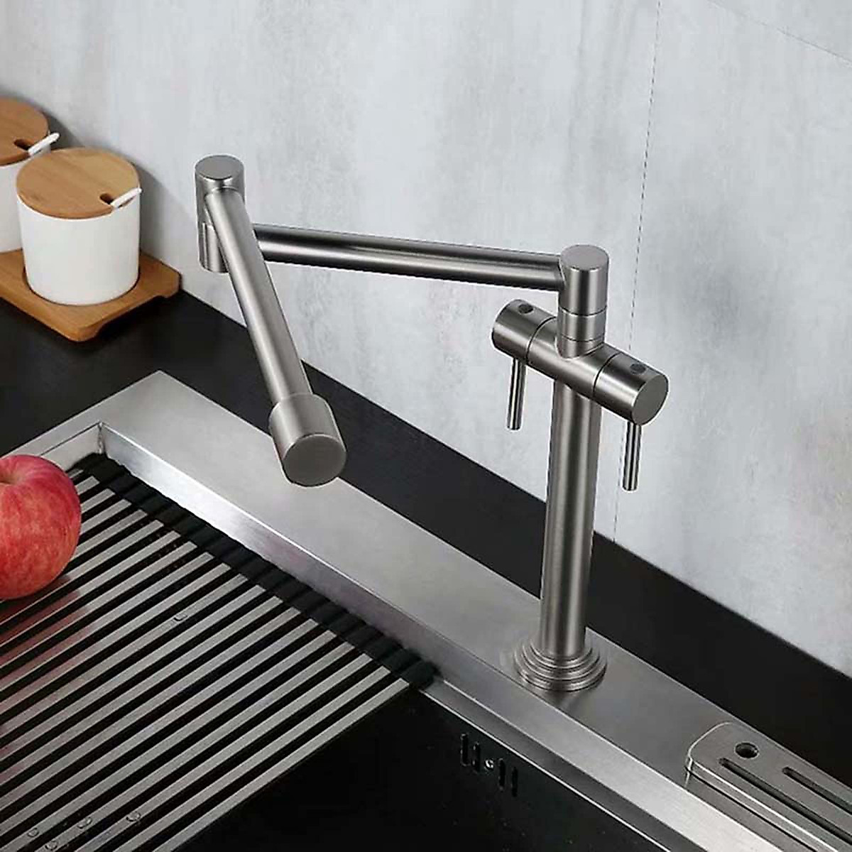 LEEOX Pot Filler Faucet, Solid Brass Kitchen Faucet, Deck Mount Kitchen Sink Faucet with Double Swing Arm, Dual Handle Hot and Cold Water Kitchen Mixer Tap,Gold (Color : Brushed Nickel)