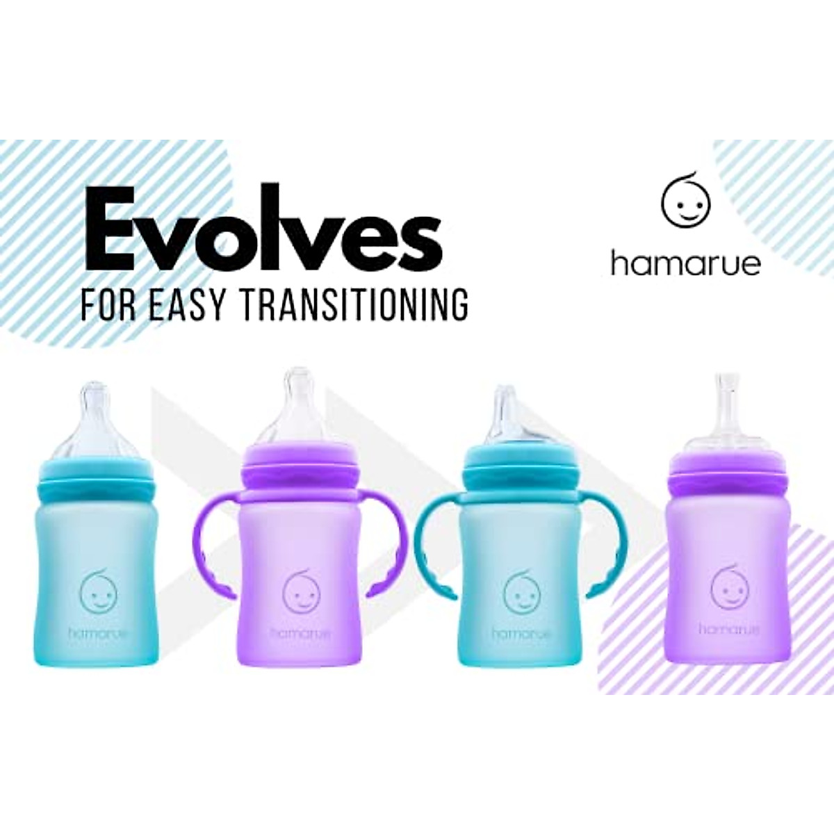 Hamarue 3-in-1 Glass Sippy Cups for Toddlers | Silicone Coated Glass Baby Bottles | Non-Toxic Transition Cup for Baby with Removeable Handles | Baby Straw Cup NB+, 3M, 6M, 12M (Teal, 5 oz)