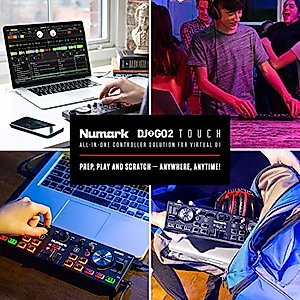 Numark DJ2GO2 Touch – Compact 2 Deck USB DJ Controller For Serato DJ with a Mixer / Crossfader, Audio Interface and Touch Capacitive Jog Wheels,Black