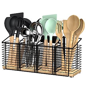 LOTEYIKE Large Kitchen Utensil Holder with 4 Compartments, Black Metal Kitchen Cooking Utensil Organizer for Farmhouse Cooking, Spatula Utensil Crock Caddy