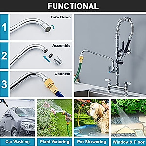Favorpo Commercial Sink Faucets with Pull Down Sprayer 24"Pre-Rinse Height Deck Mount Kitchen Faucet Brass Constructed Polished Chrome 8" Center Faucet with 10" Add-on Spout for 3 Compartment Sink