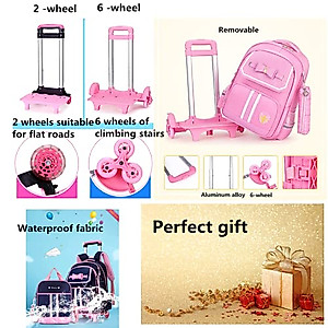 ZHANAO Rolling Trolley Bag Wheeled Backpack Bowknot for Girls Primary Schoolbag 3Pcs with Crossbody Bag Pencil Case