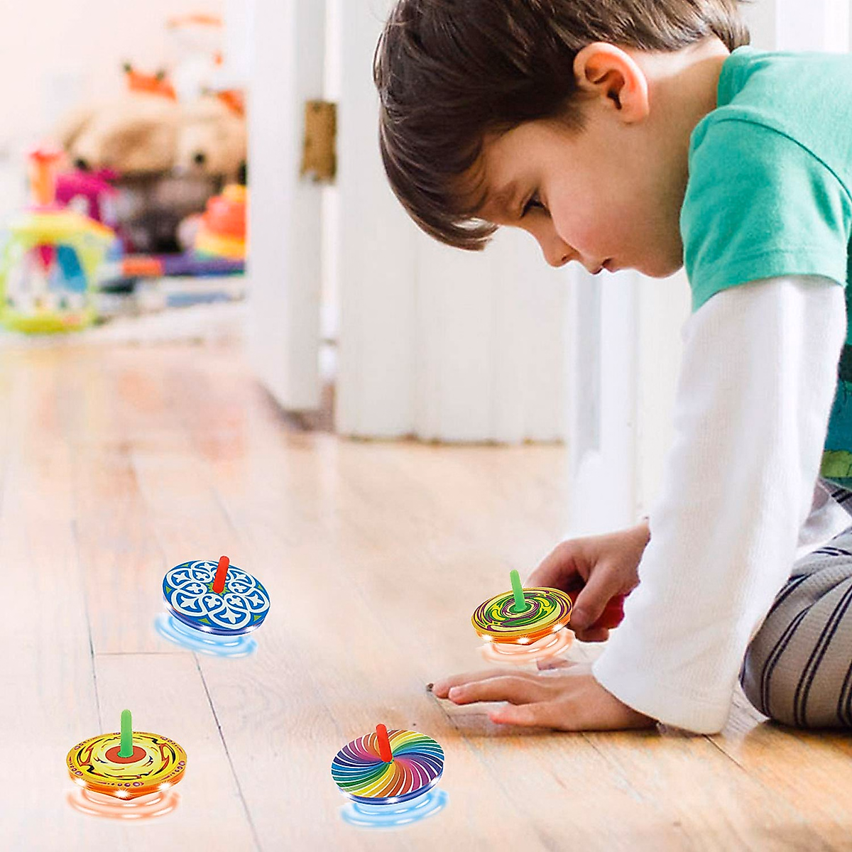 24 PCS Light Up Mini Spinning Tops LED Hand Spinners Toys with Colorful DIY Stickers Design Your Own - Novelty Bulk Stocking Stuffers Party Favors