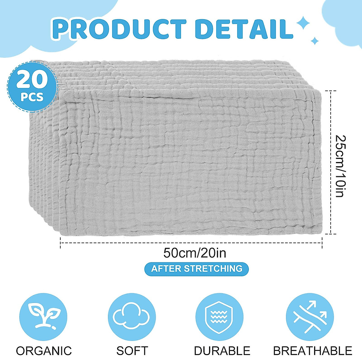 20 Packs Muslin Baby Burp Cloths Set Large 20 x 10 Inch Cotton 6 Layers Burp Cloths for Baby Girl Newborn Washcloths Infant Burp Wipes Soft and Absorbent Napkins for Boys and Girls (Gray)