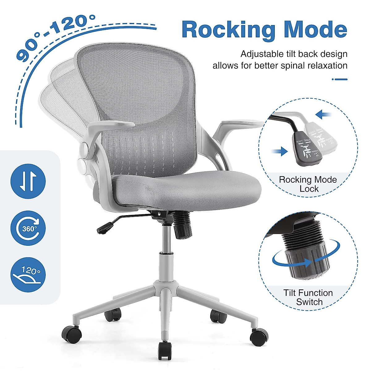 JHK Home Office Desk Chair – Ergonomic Office Chair with Lumbar Support and Flip-up Armrest, Height Adjustable Mesh Computer Chair, Suitable for Office, Study, Conference Room, Grey