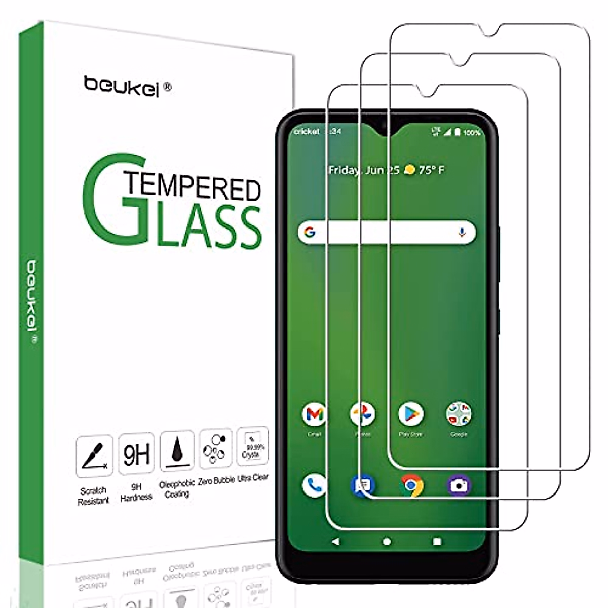 beukei (3 Pack) Screen Protector Tempered Glass Compatible for Cricket Ovation 2 and AT&T Maestro Max (2021), (6.82 inch), Touch Sensitive,Case Friendly, 9H Hardness