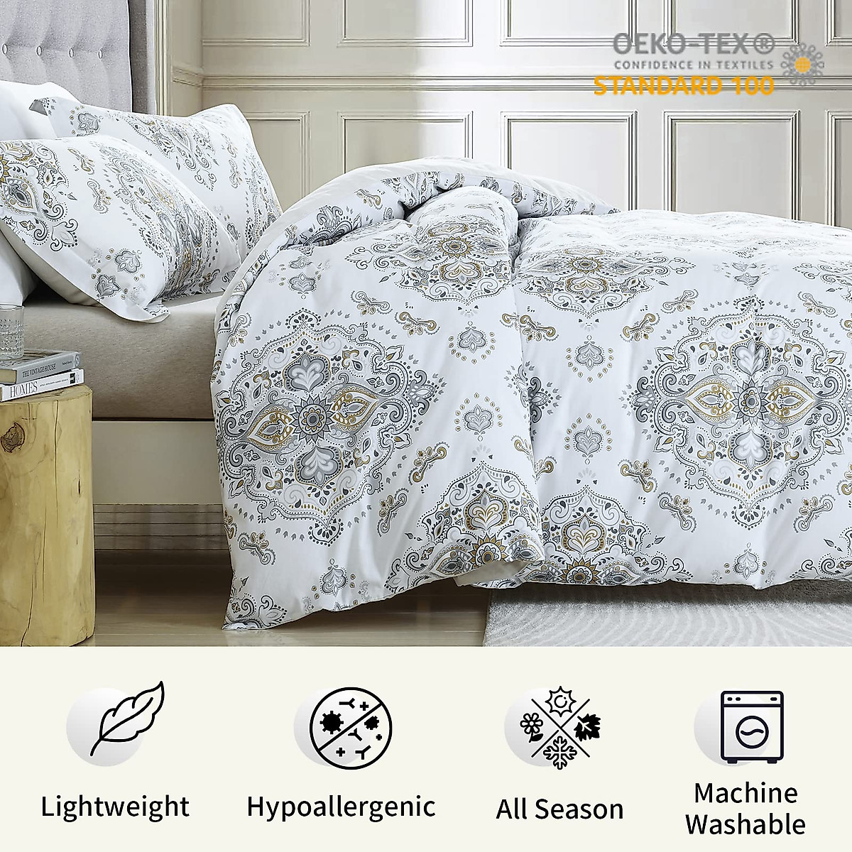 Bedduvit 100% Cotton Duvet Cover Queen Size - Soft Paisley Queen Duvet Cover Set, 3 Pieces All Season Reversible Damask Bedding Comforter Sets with 2 Pillow Shams, White/Yellow, 90"x90"