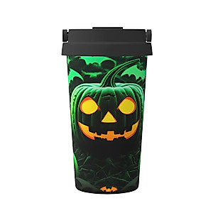 Insulated Coffee Mug Green Ghost Horror Halloween 17oz Double Wall Vacuum Stainless Steel Tumbler With Leak-Proof Lid And Handle, Cute Travel Thermos Mug For Cold Hot Drinks