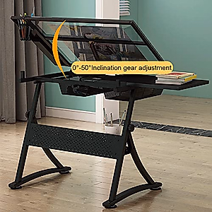 Adjustable Glass Drafting Table,Versatile Art Study Table,with Storage Drawers,Art Studio Design Sketching Painting Work Station