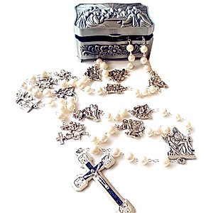 elegantmedical Stations of the Cross Prayer Rosary Real White Pearl Beads Necklace Catholic Gifts Box