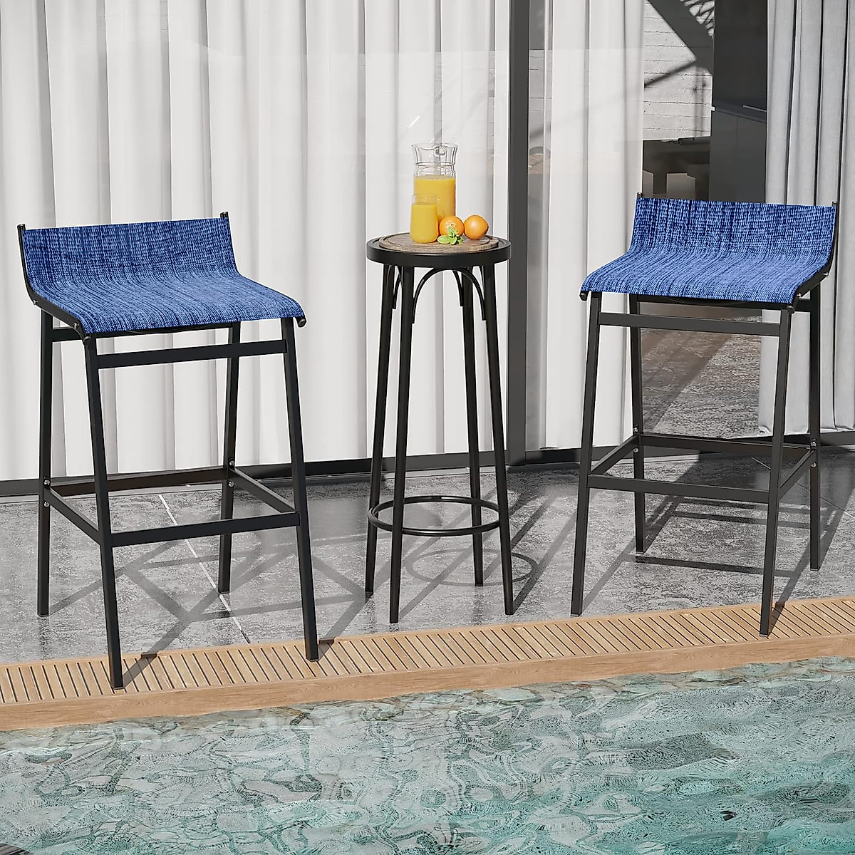 Sundale Outdoor Patio Metal Bar Stools Set of 2, Low Back Counter Height Tall Chairs, High Top Armless Pub Seat Barstools for Outside Porch Yard Deck Balcony, Modern Blue