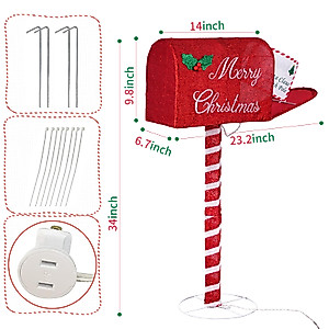 Christmas Yard Light Decorations, 34 Inch Lighted Santa’s Mailbox Yard Decor, Christmas Red Letter Box Yard Decorations, Light Up Tinsel Mailbox Christmas Decorations for Indoor Outdoor Yard