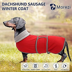 Dachshund Coats Sausage Dog Fleece Coat in Winter Miniature Dachshund Clothes with Hook and Loop Closure and high vis Reflective Trim Safety - Red - XS