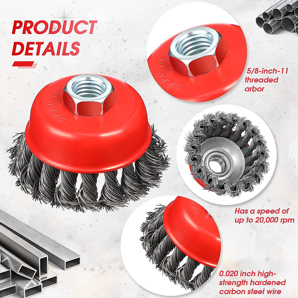 4 Inch Wire Wheel Brush Cup Brush Set, Coarse Crimped Twisted Knotted Cup Brush, 5/8 Inch-11 Threaded Arbor 0.002 Inch Carbon Steel for Angle Grinder, Heavy Cleaning Rust Stripping Abrasive (3)