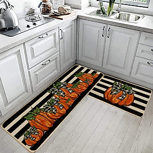 GEEORY Fall Kitchen Mats Set of 2, Striped Pumpkins Bowknot Floor Mat Farmhouse Seasonal Holiday Thanksgiving Decorations 17x29 and 17x47 Inch (Striped) GK068