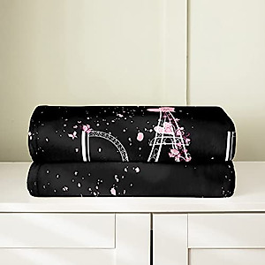 Eiffel Tower Fleece Throw Blanket,All Season Paris Tower Bed Blanket French Paris Cityscape Fuzzy Blanket for Bed Sofa Couch,Bedroom Decor Pink Floral Plush Blanket 40"x50"