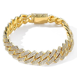 LKV 14K 14mm Zircon Diamond Miami Cuban Chain Bracelet Gold Plated Hip Hop Iced Out CZ Link Chain Bracelet for Men and Women(gold 8inch)