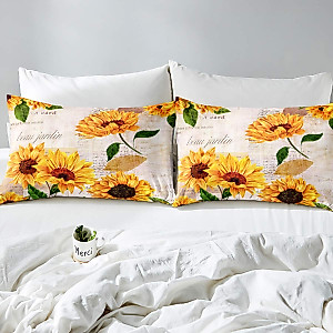 Homewish Sunflower Sheet Set Queen Size 4pcs Letters Sunflowers Bed Sheet Set with Flower Fitted Sheet Floral Flat Sheet and 2 Pillowcases Botanical Bedding Set for Girls