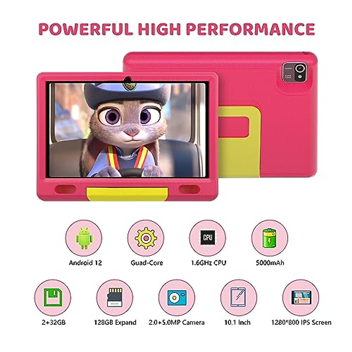 Cheerjoy Kids Tablet 10 inch, Android 12 Tablet for Kids with Parent Control, Kidoz Pre-Installed, 2GB+32GB, 6000mAh Dual Camera WiFi Bluetooth Tablet, Children Tablet with Shock-Proof Case (Pink)