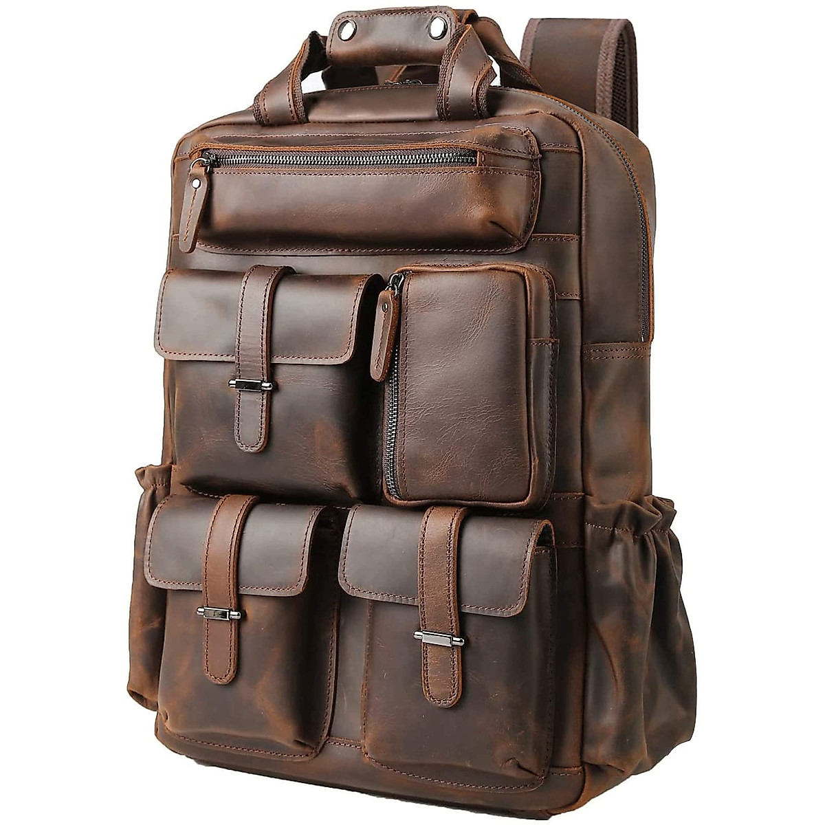 Masa Kawa Genuine Leather Backpack for Men Vintage 15.6 Inch Laptop Bag Multi Pockets Rucksack Casual Travel Daypack Brown