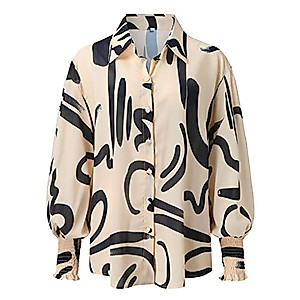 Button Down Shirts for Women Collared Long Lantern Sleeve Loose Fall Blouse Patterned To Wear with Leggings Boho Print Casual Tunic Tops Hawaiian Autumn Elastic Sleeve Summer Graffiti Beige