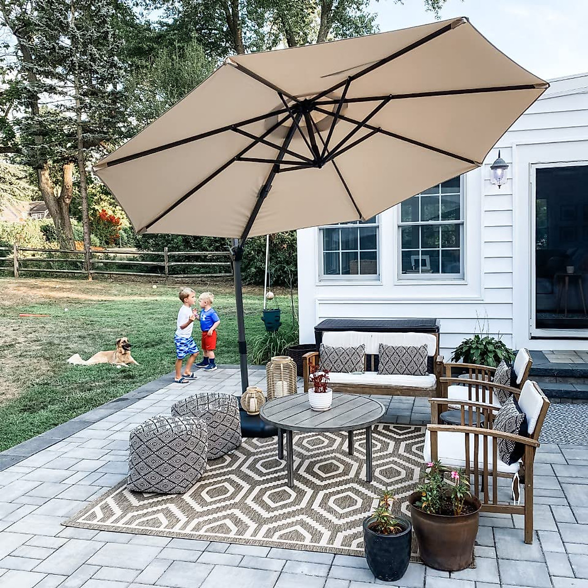 PURPLE LEAF 11 Feet Patio Umbrella Outdoor Cantilever Round Umbrella Aluminum Offset Umbrella with 360-degree Rotation for Garden Deck Pool Patio, Beige