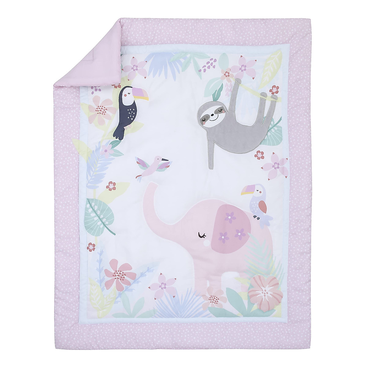 NoJo Little Love Tropical Garden Pink, Green, and White Jungle Animal 3 Piece Nursery Crib Bedding Set - Comforter, Fitted Crib Sheet, and Crib Skirt