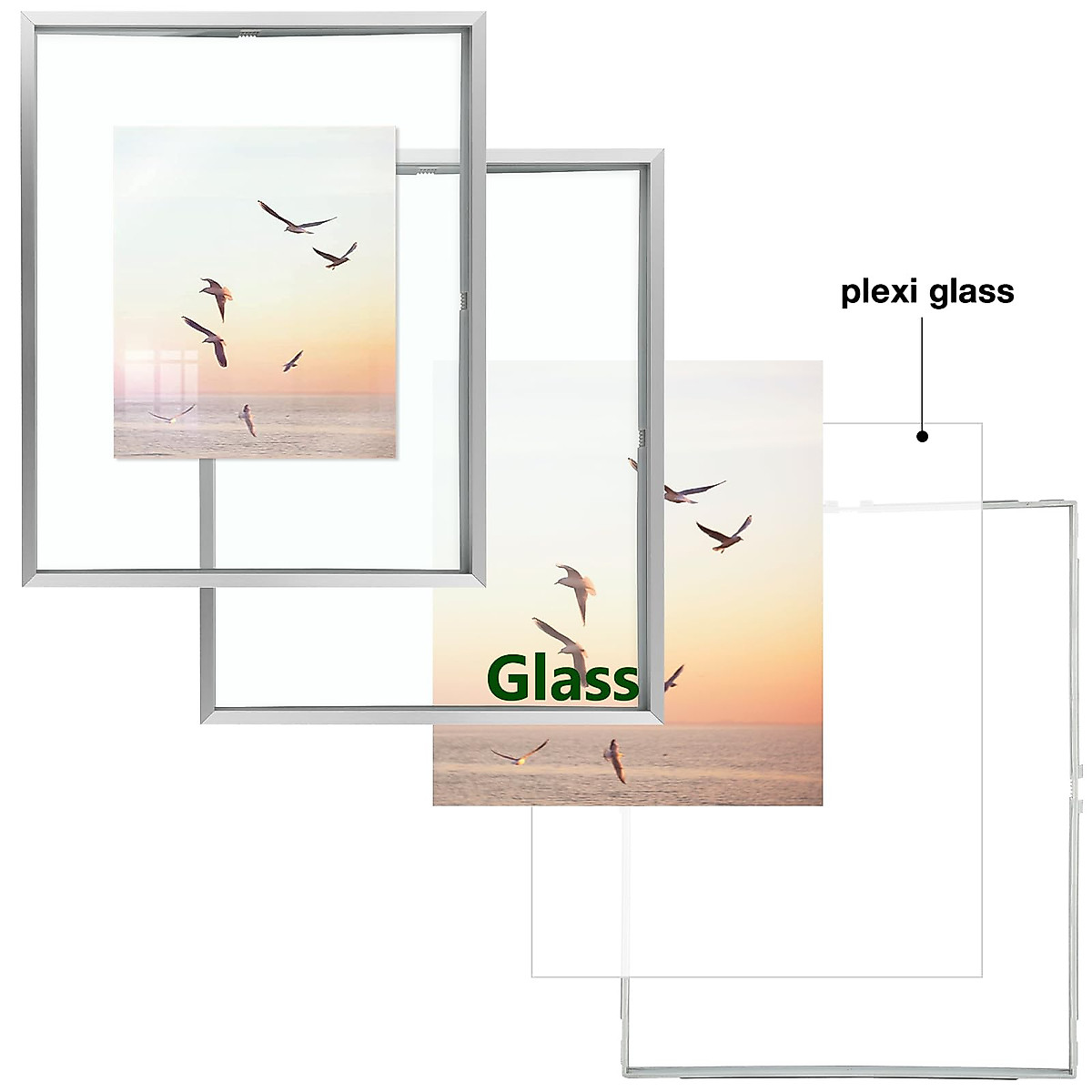 Frametory, Floating Picture Frame 11x14 - Silver Aluminum Metal Photo Frame - Real Glass of Front - for Wall Mount Displays