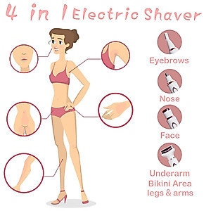 Electric Razor for Women, Hair Trimmer for Underarms Nose Eyebrows and Legs, Painless 4 in 1 Bikini Pop-Up Trimmer Rechargeable with Detachable Head, Wet and Dry Cordless Hair Clipper