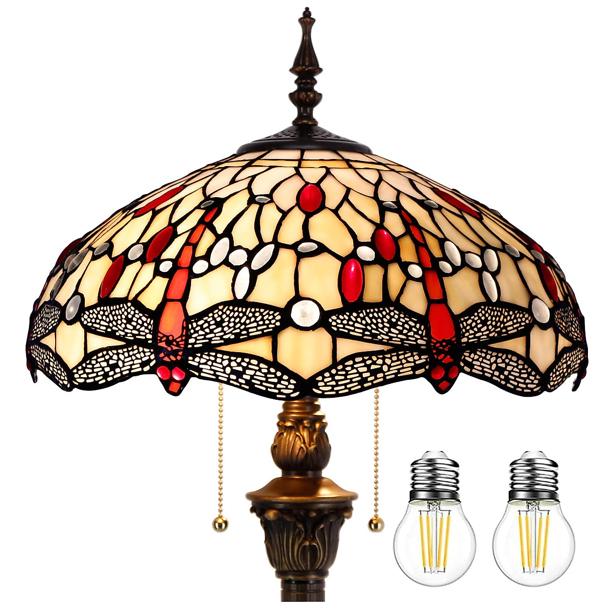 WERFACTORY Tiffany Floor Lamp Dragonfly Amber Stained Glass Standing Reading Light 16X16X64 Inches Antique Pole Corner Lamp Decor Bedroom Living Room Home Office S557 Series