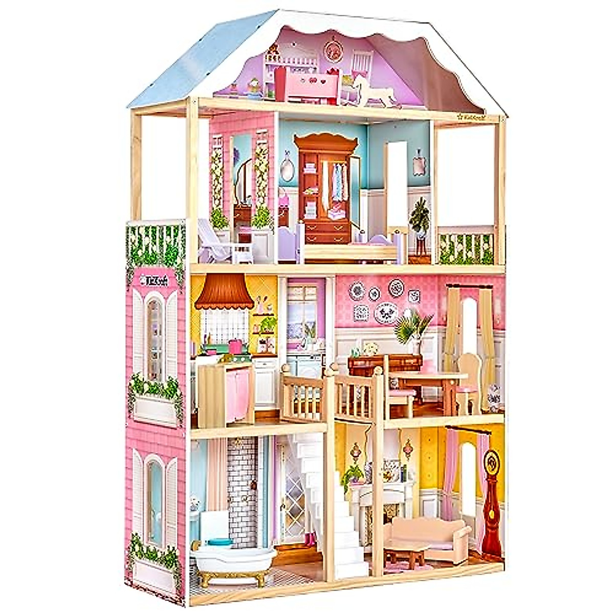 KidKraft Charlotte Classic Wooden Dollhouse with EZ Kraft Assembly™, 14-Piece Accessory Set, for 12-Inch Dolls, Gift for Ages 3+