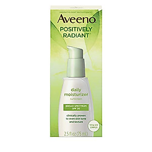 Aveeno Positively Radiant Daily Facial Moisturizer with Total Soy Complex and Broad Spectrum SPF 30 Sunscreen, Oil-Free and Non-Comedogenic, 2.5 fl. oz
