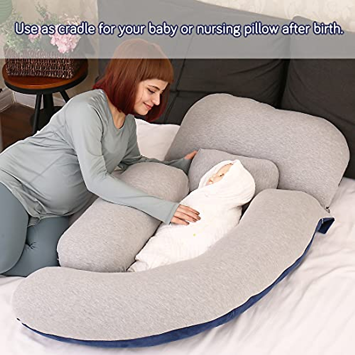 MOON PINE 60 inch Pregnancy Pillow, Detachable U Shape Full Body Pillow for Maternity Support, Sleeping Pillow for Pregnant Women (Grey&Blue-Velvet&Jersey)