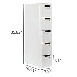 7.48in Slim Rolling Drawer on Wheels Narrow Storage Cabinet Cart with 5 Drawers, Thin Standing Shelf Units 5-tier Plastic Rolling Drawer for Bathroom, Bedroom, Living Room