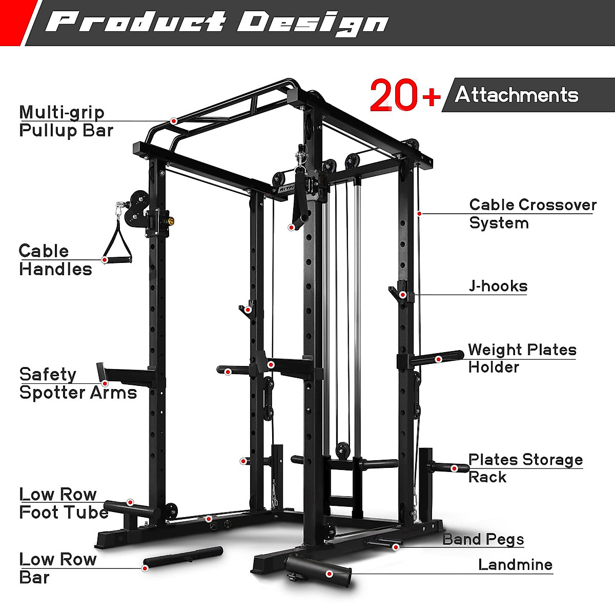 RitFit Multi-Function Power Cage with Adjustable Cable Crossover System,1000LBS Capacity Squat Rack, Full Home Gym Workout with J-Hook, Landmine and Other Attachments (2023 Version PPC03)-Black