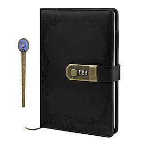 IPENNY A5 Vintage Leather Journal with Combination Lock Digital Password Journal with Bookmark Pen Loop Retro Privacy Notebook Writing Travel Diary Locking Journal, 100 Sheets (#1,Black)