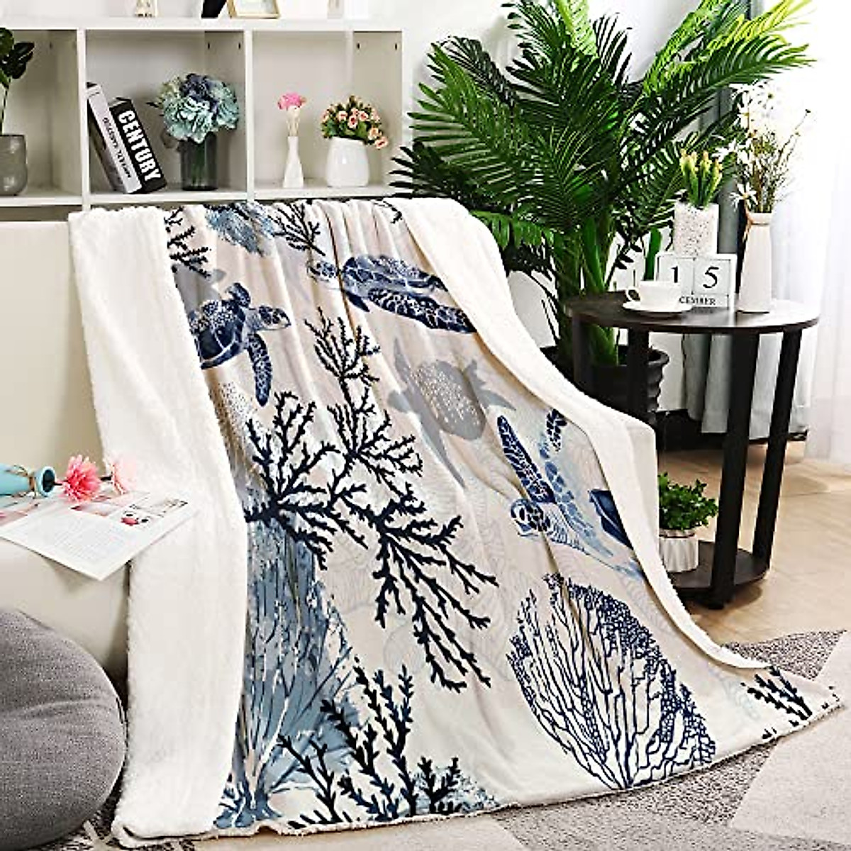 LINGXUQK Sea Turtle Fleece Throw Blanket Underwater World Sea Turtle Sea Grass Natural Watercolor Style Plush Sherpa Blanket Cozy Fluffy Blanket Sea Turtle Gifts…