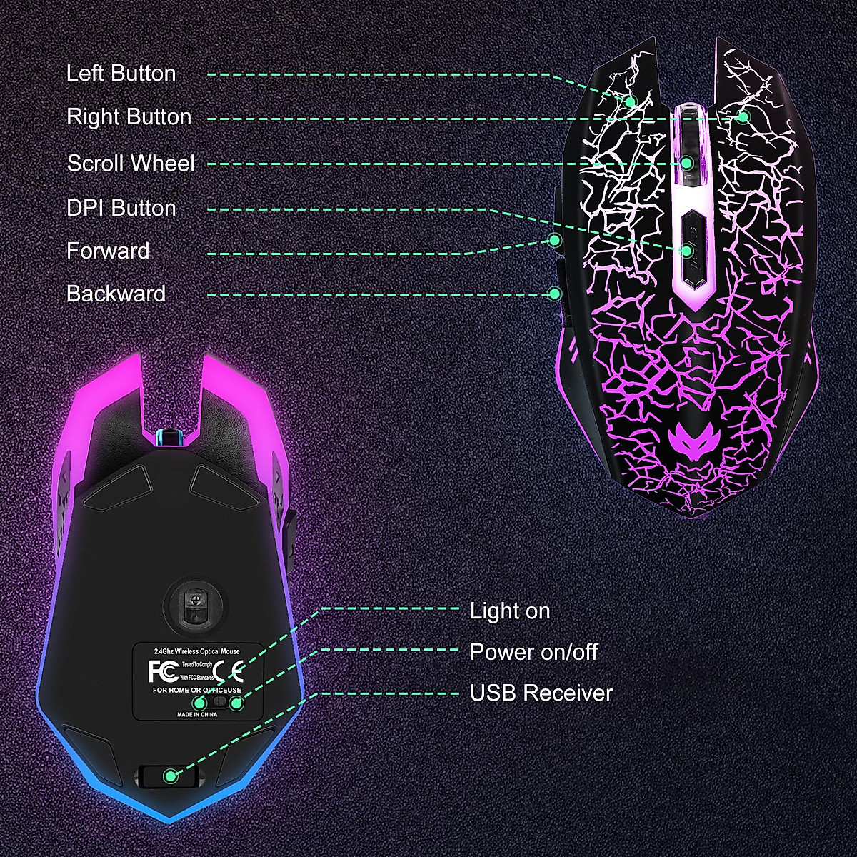 LuLabboard Wireless Gaming Mouse, Rechargeable Wireless Computer Mouse, 7-Color LED Light, Ergonomic Mouse with 6 Silent Click Buttons, 3 Adjustable 2400 DPI Wireless Mouse for Laptop,PC,Mac, Black