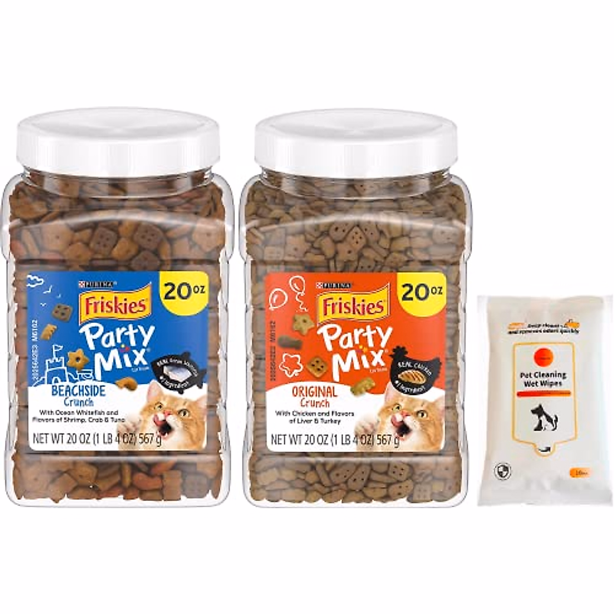 Aurora Pet Variety Pack (2) Friskies Party Mix Crunchy Cat Treats (1) Original (1) Beachside (20-oz Each) with AuroraPet Wipes