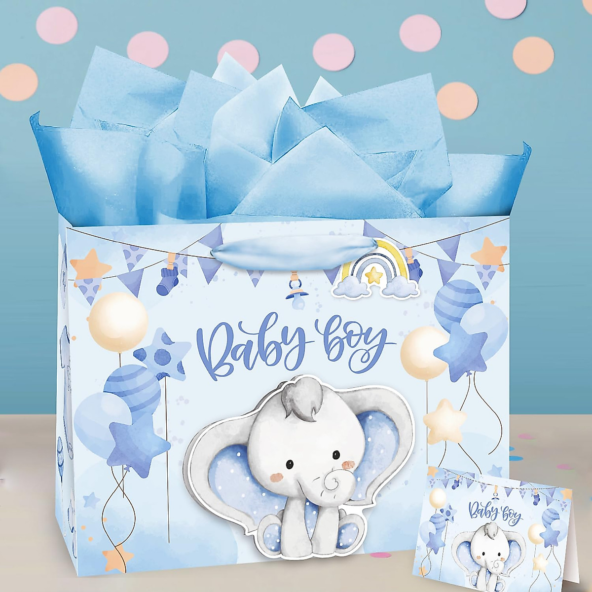 Mpanwen 16" Large Baby Boy Gift Bag for Boy, 3D Making Blue Elephant Theme Baby Gift Bag with Tissue Paper and Greeting Card
