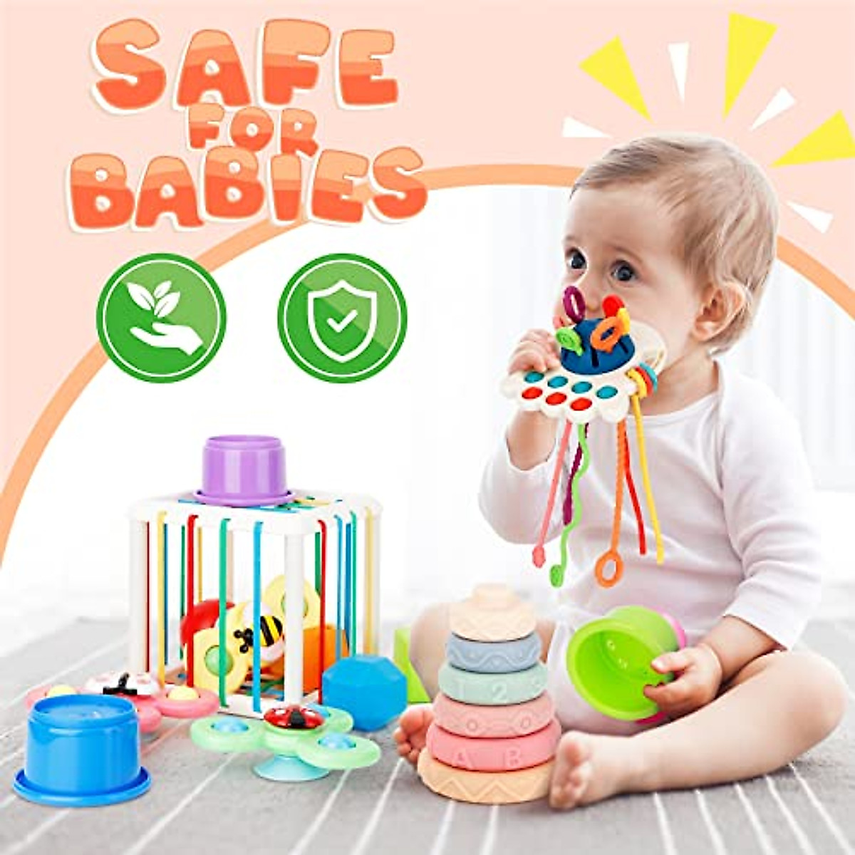 5 in 1 Montessori Toys for Babies 0-3-6-12-18 Months and Up: Infant Gifts Play Set Kids Sensory Learning Activity for Age 1 Year Old Boy Girl 4 7 8 9 Birthday Box Travel Bath Stacking Essentials Stuff